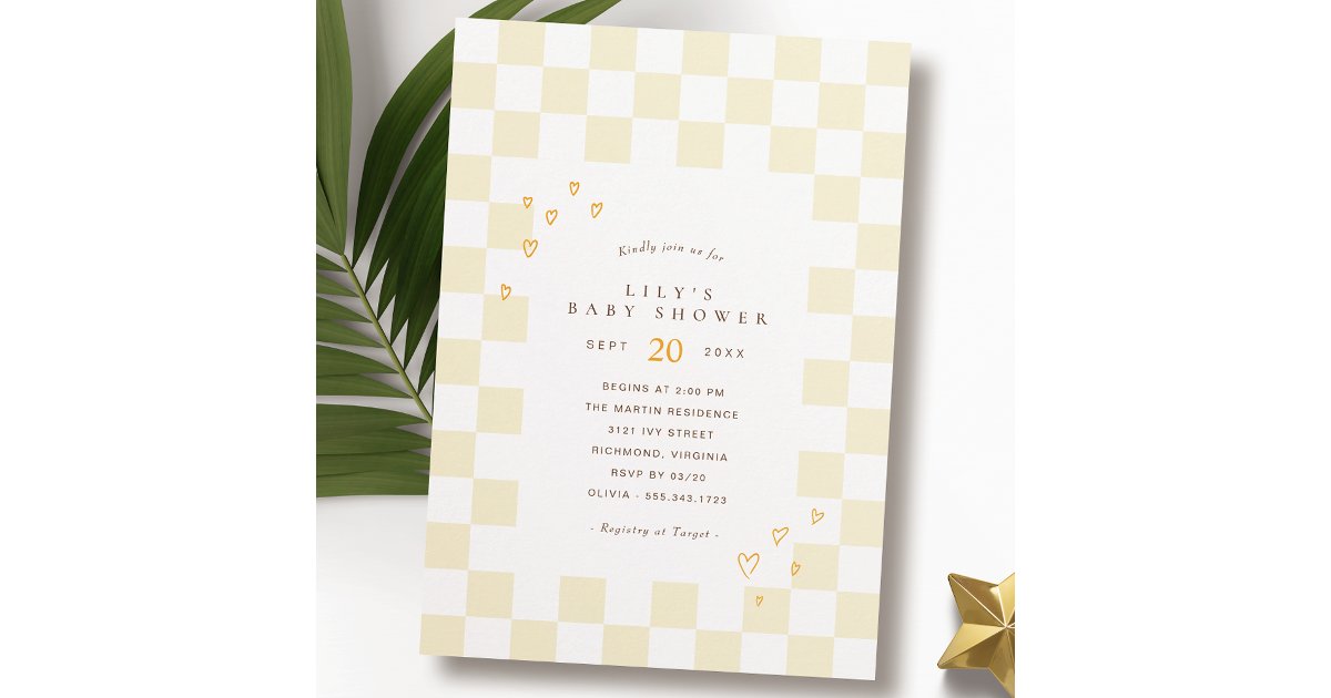Yellow Checkerboard | Neutral Retro Baby Shower Invitation | Zazzle
