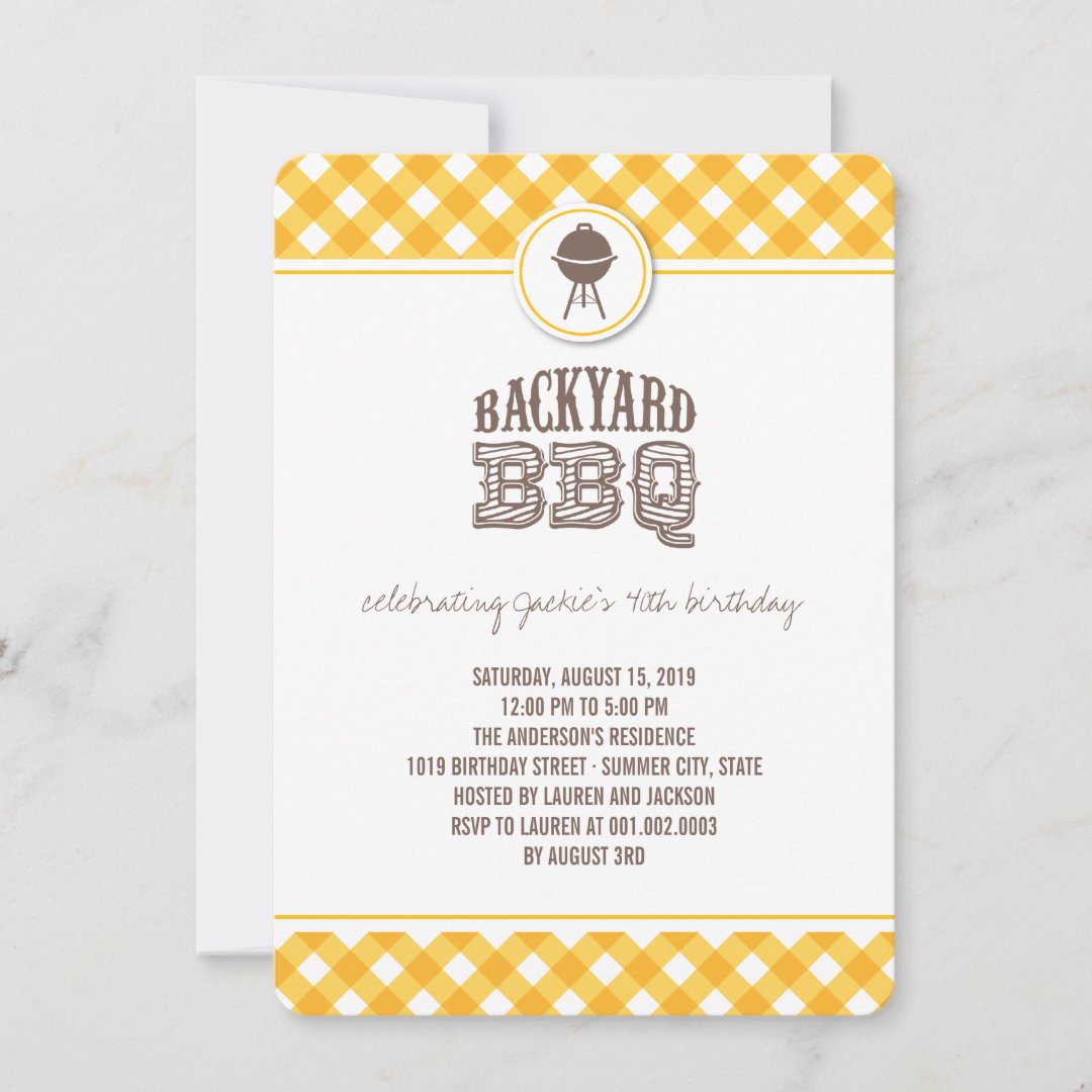 Yellow Checks Backyard BBQ Birthday Summer Party Invitation | Zazzle