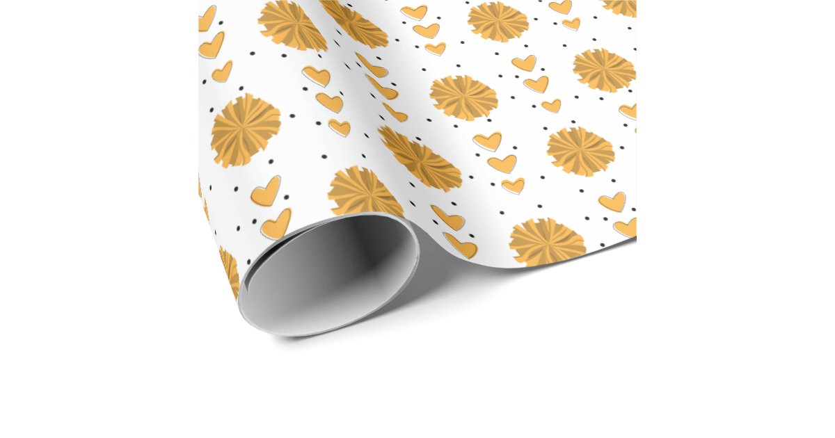 Yellow Cheerleader Pom Poms & Hearts Pattern Wrapping Paper | Zazzle