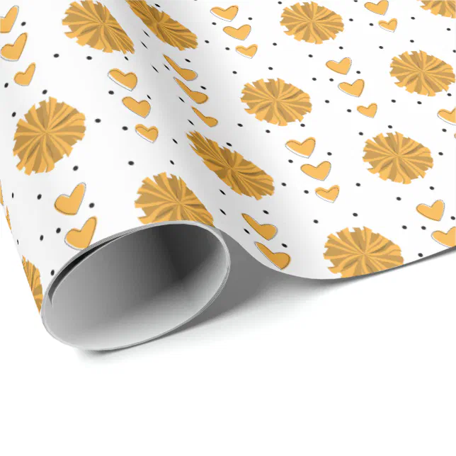 Yellow Cheerleader Pom Poms & Hearts Pattern Wrapping Paper | Zazzle