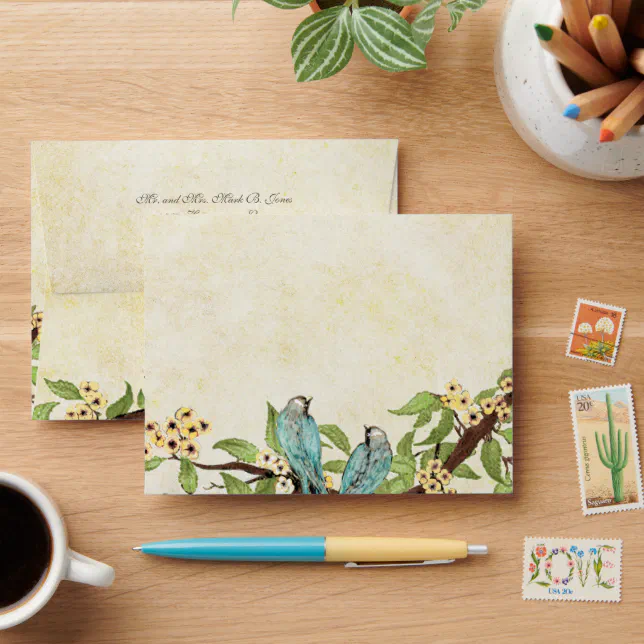 Yellow Cherry Blossom Vintage Aqua Bird Envelopes | Zazzle