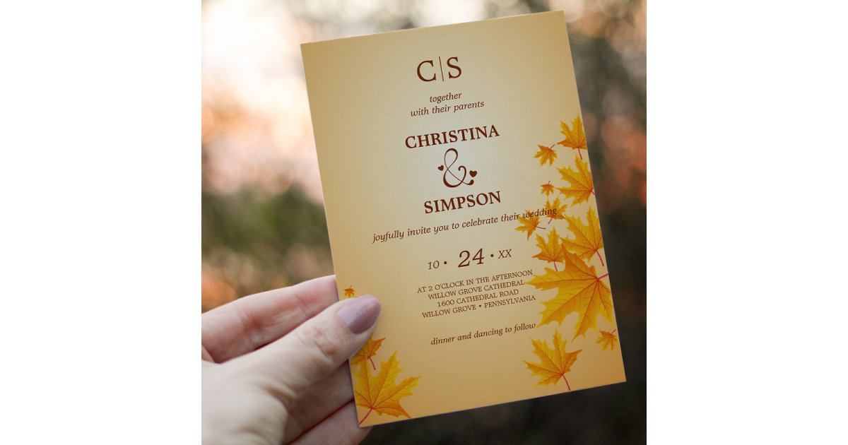 Yellow Classic autumn maple leaves wedding Invitation | Zazzle