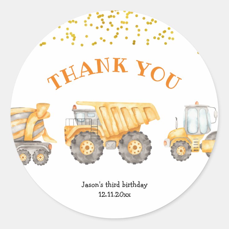 Yellow Construction Truck Thank You Sticker | Zazzle