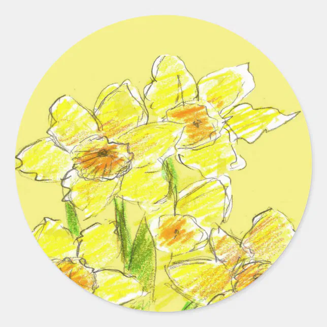 Yellow Daffodil Drawing Watercolor Spring Flowers Classic Round Sticker ...