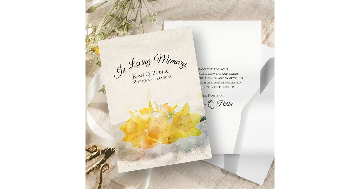 Yellow Daffodil Watercolor Spring Funeral Sympathy Thank You Card | Zazzle
