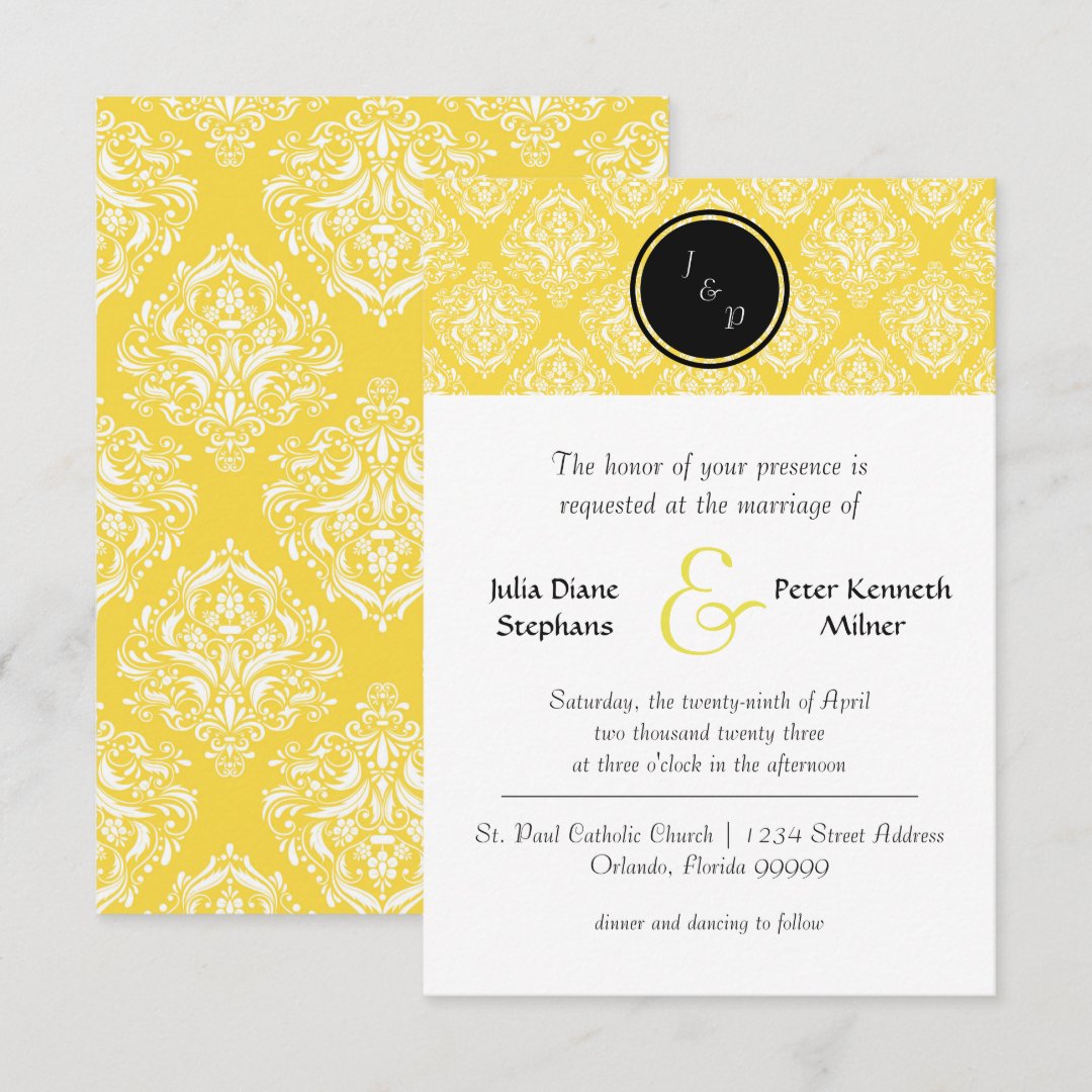 Yellow Damask - 3x5 Wedding Invitation | Zazzle