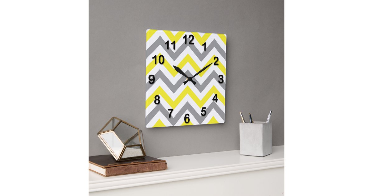 Yellow, Dk Gray Wht Large Chevron ZigZag Pattern Square Wall Clock | Zazzle