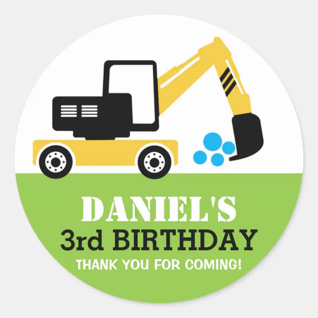 Yellow Excavator Kids Birthday Party Sticker | Zazzle