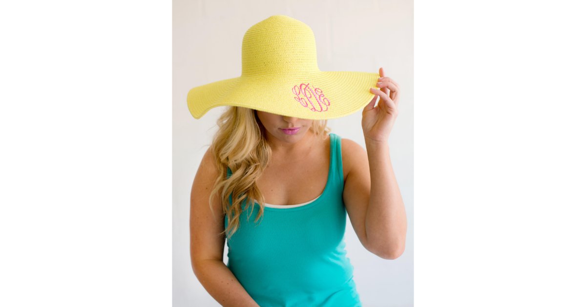 Yellow Floppy Beach Hat w/Pink Monogram | Zazzle