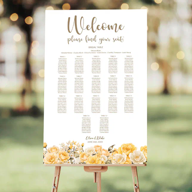 Yellow Floral 17 Table Wedding Seating Chart Foam Board | Zazzle
