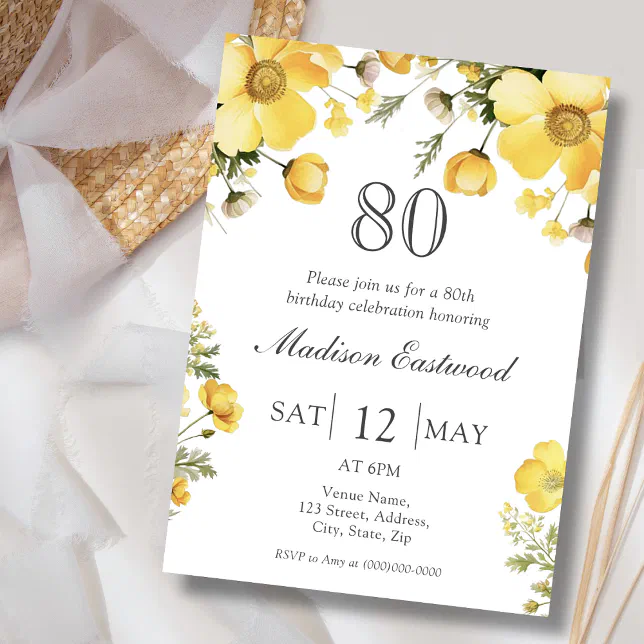 Yellow Floral 80th Birthday Invitation | Zazzle