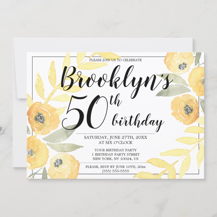Yellow Floral Birthday Party Invitations Script | Zazzle