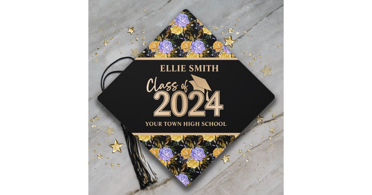 Yellow Floral Black Gold Class 2024 Graduation Graduation Cap Topper ...
