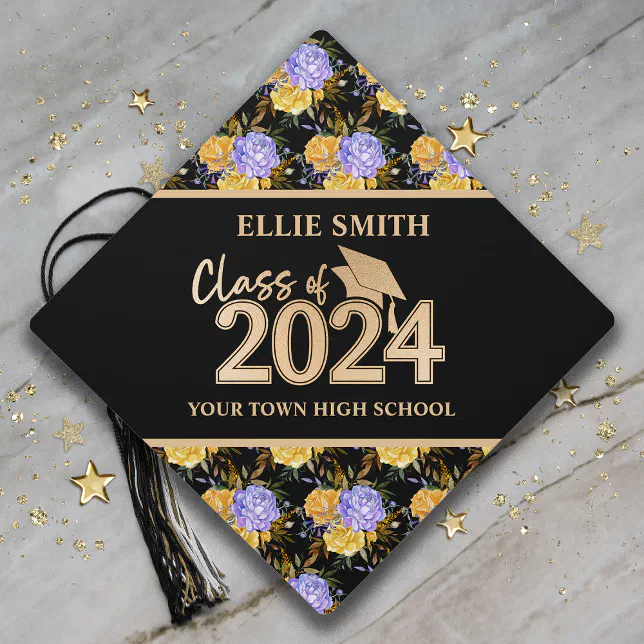 Yellow Floral Black Gold Class 2024 Graduation Graduation Cap Topper ...