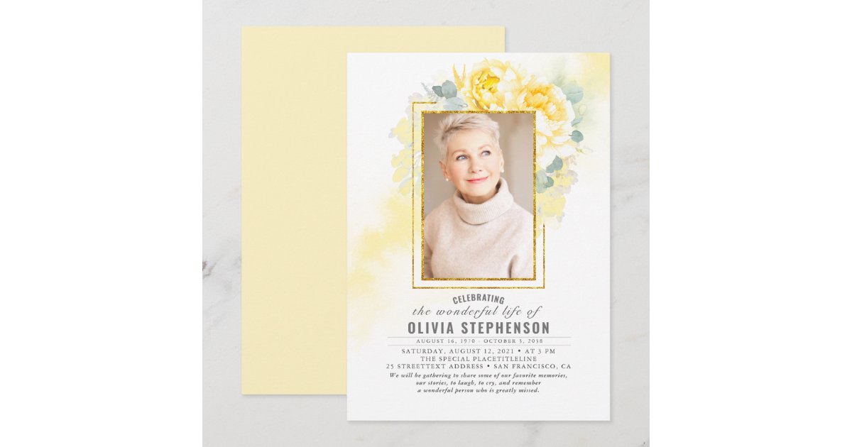 Yellow Floral Faded Foliage Funeral Photo Invitation | Zazzle
