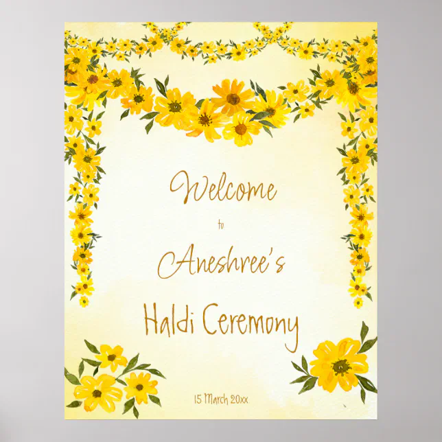 Yellow floral garlands Indian wedding haldi welcom Poster | Zazzle