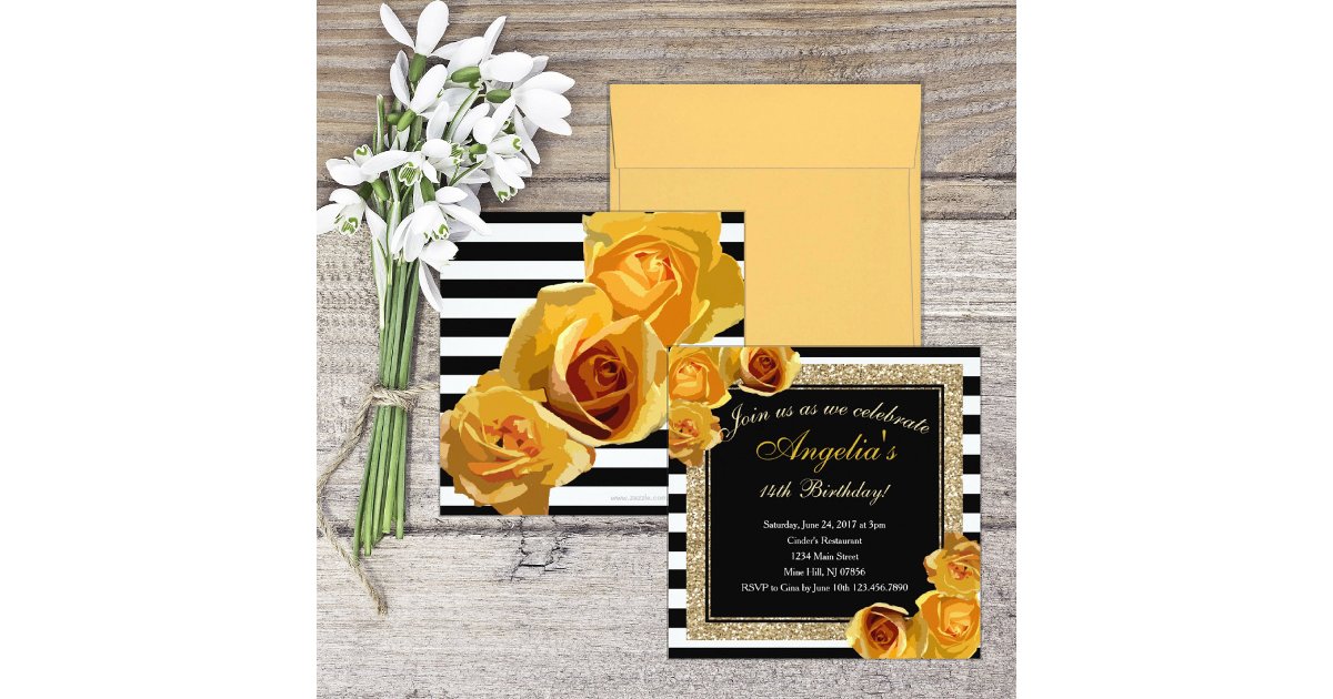 Yellow Floral Glitter Stripes Birthday Invitation | Zazzle