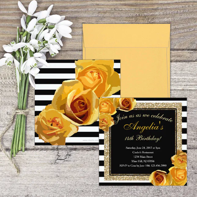 Yellow Floral Glitter Stripes Birthday Invitation | Zazzle