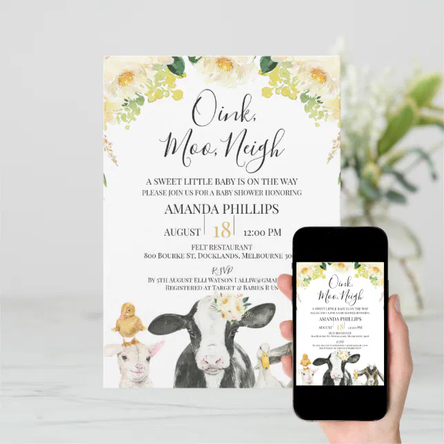 Yellow Floral Oink Moo Neigh Farm Baby Shower Invitation | Zazzle