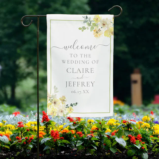 Yellow Floral Sage Green Welcome to Our Wedding Garden Flag | Zazzle