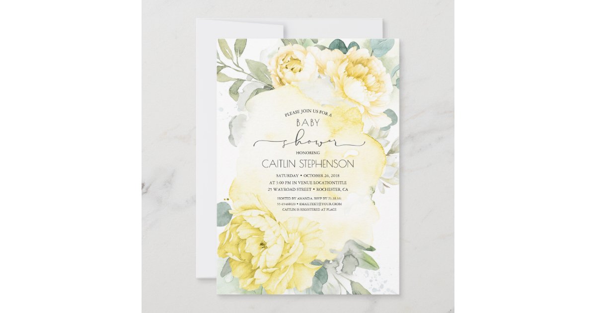 Yellow Floral Soft Greenery Baby Shower Invitation | Zazzle
