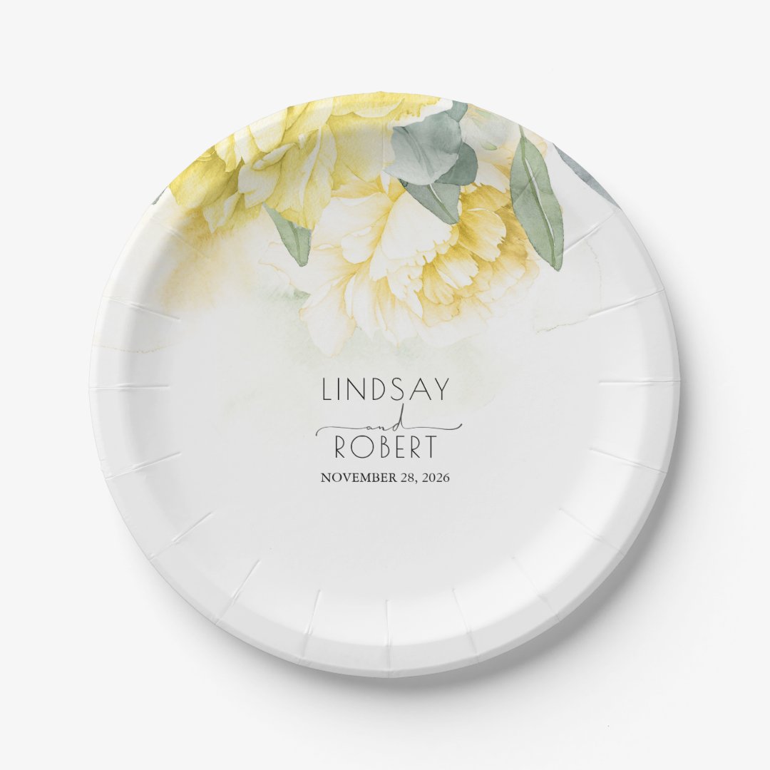 Yellow Floral Watercolors Wedding Paper Plate | Zazzle