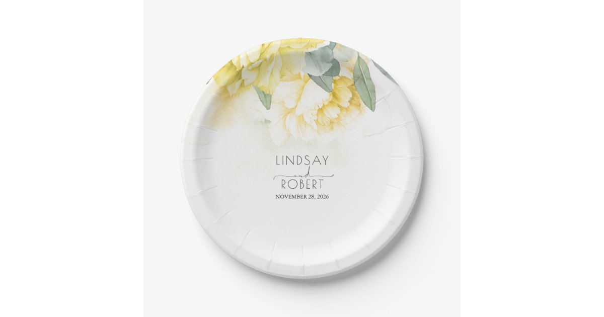 Yellow Floral Watercolors Wedding Paper Plate | Zazzle