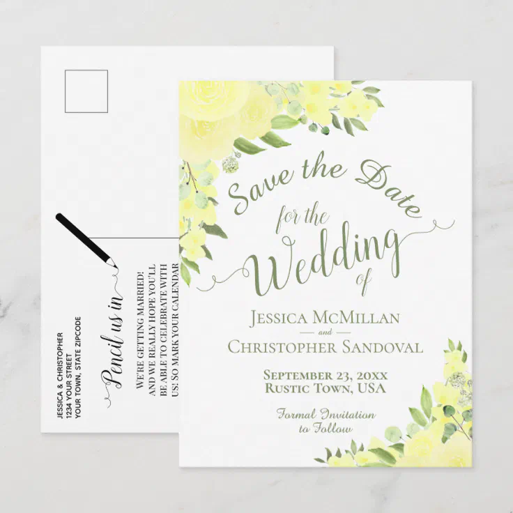 Yellow Floral Wedding Save the Date Calligraphy Announcement Postcard ...