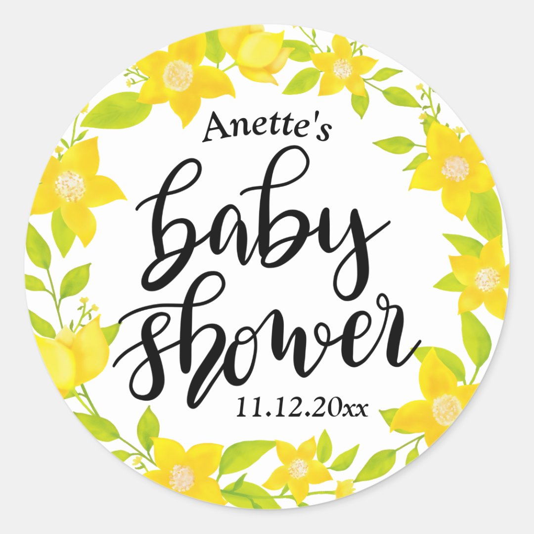 Yellow Florals | Handwritten Baby Shower Classic Round Sticker | Zazzle