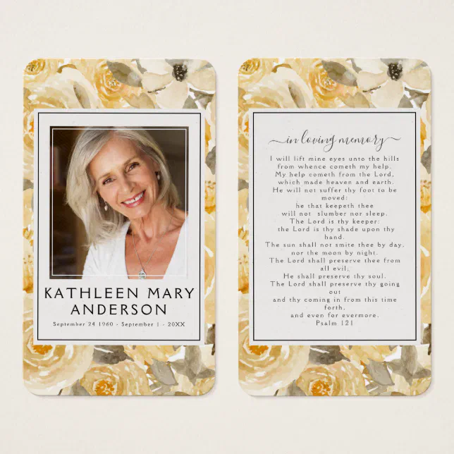Yellow Florals Photo Funeral Memorial Prayer Card | Zazzle