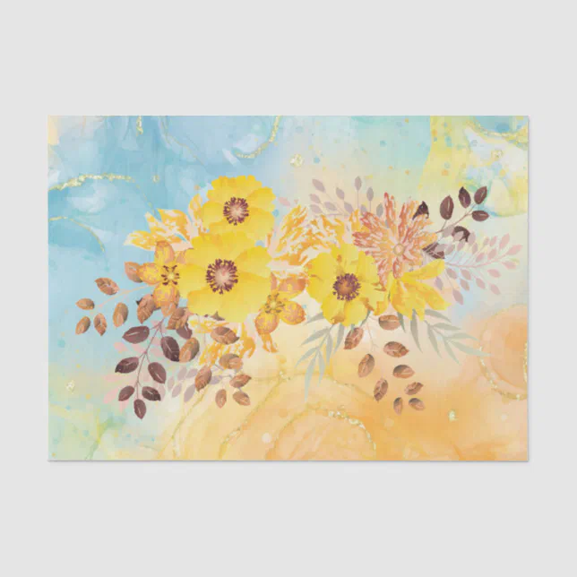 Yellow Flower Blue Marble Watercolor Decoupage Ti Tissue Paper | Zazzle