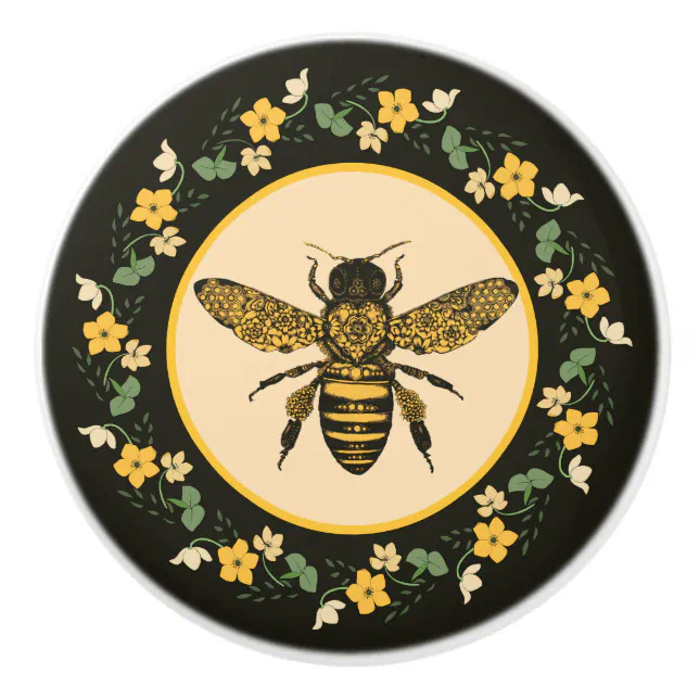 Yellow Flowers and Victorian Bee Ceramic Knob | Zazzle