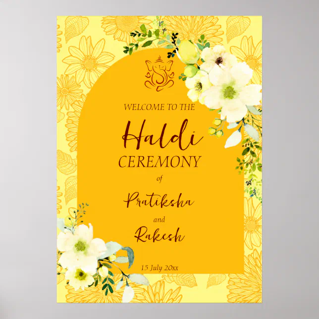 Yellow flowers arch Haldi welcome sign | Zazzle