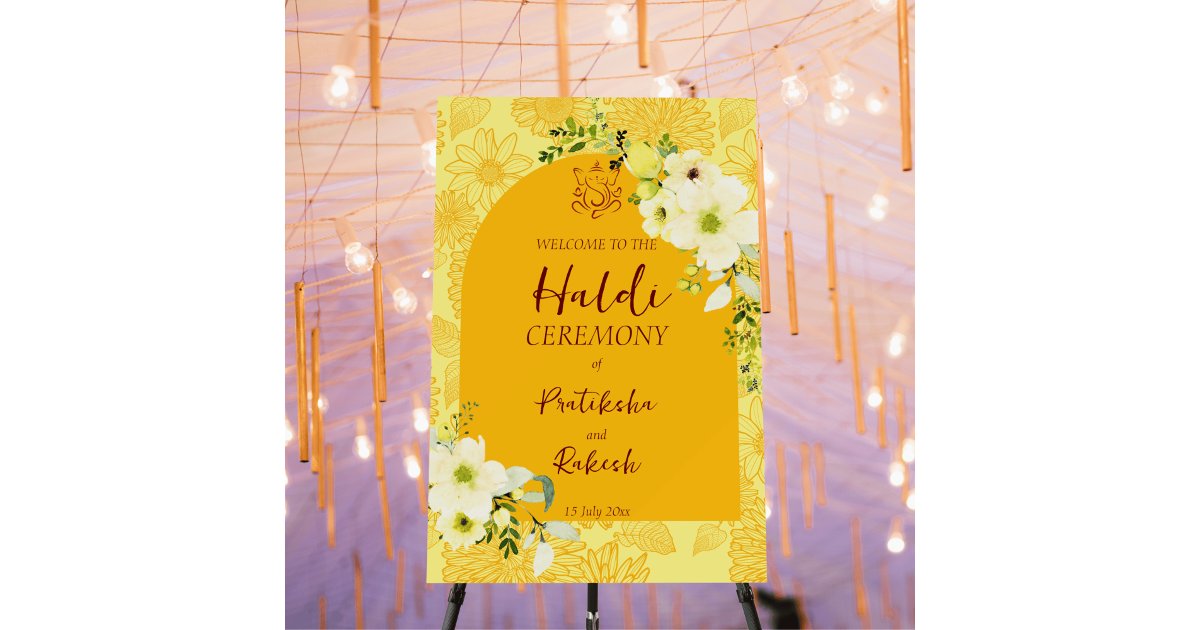 Yellow flowers arch Haldi welcome sign | Zazzle