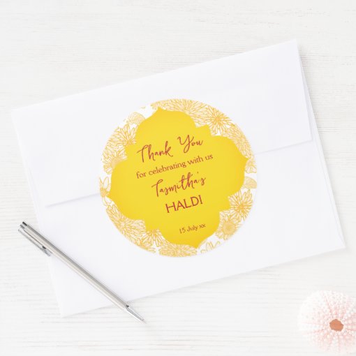 Yellow flowers haldi thank you sticker | Zazzle