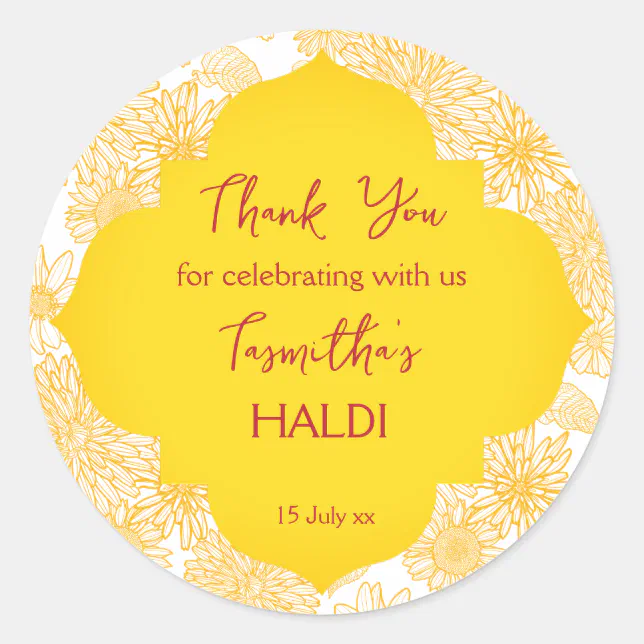 Yellow flowers haldi thank you sticker | Zazzle