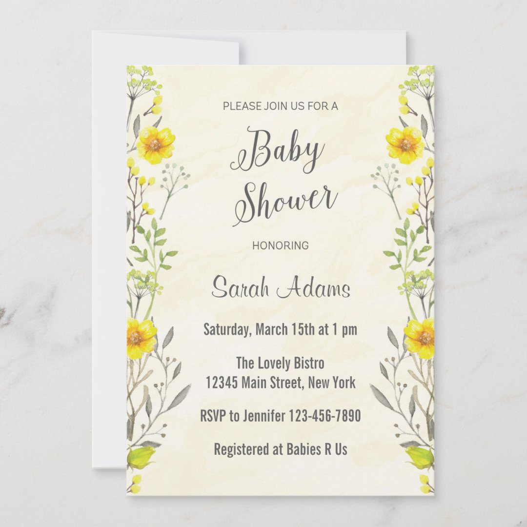 Yellow Flowers Watercolor Baby Shower Invitation | Zazzle