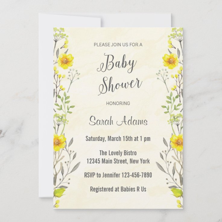 Yellow Flowers Watercolor Baby Shower Invitation | Zazzle