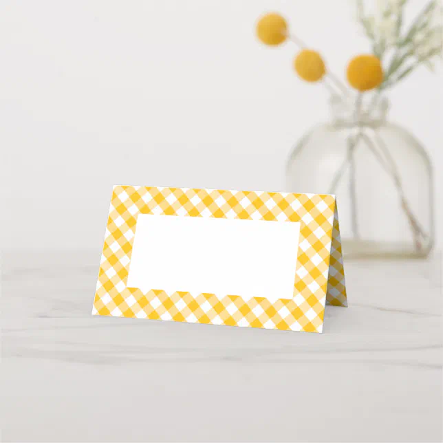 Yellow Gingham Check Pattern Place Card | Zazzle