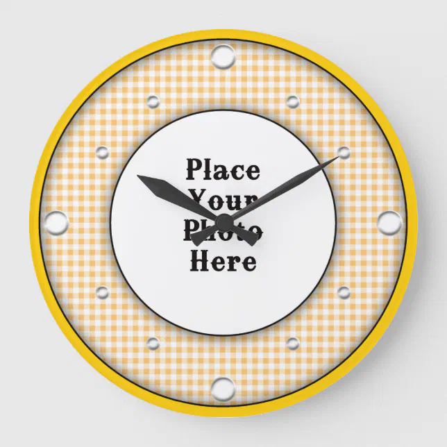 Yellow Gingham Frame Your Photo Wall Clock | Zazzle