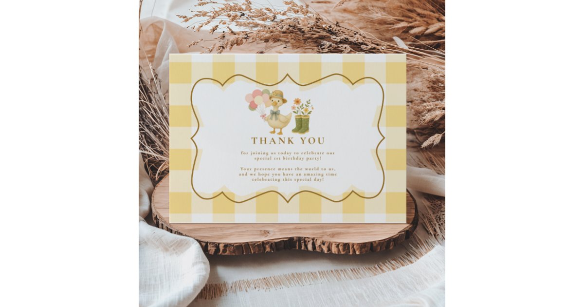 Yellow Gingham Silly Goose 1st Birthday Thank You Card | Zazzle