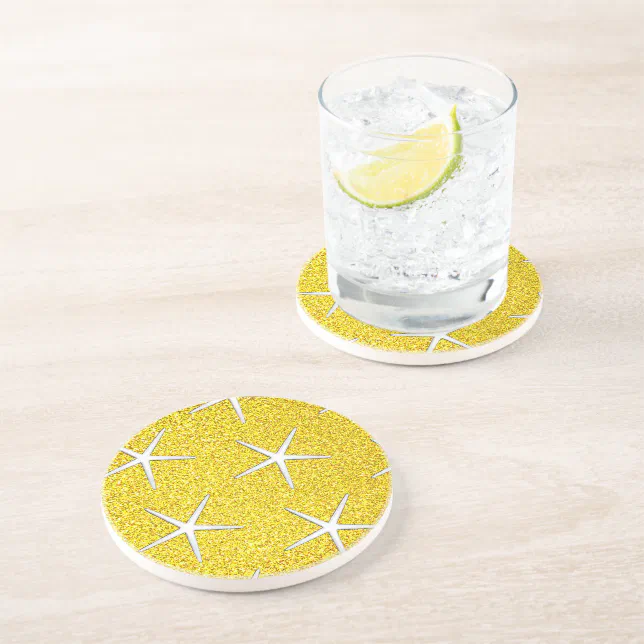 Yellow Glitter Gold Sparkle Starfish Patterns Cute Coaster | Zazzle