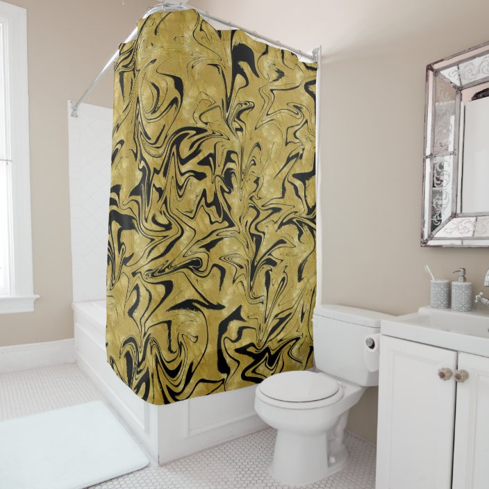 Yellow Gold & Black Elegant Glam Marble Swirl Shower Curtain | Zazzle.com