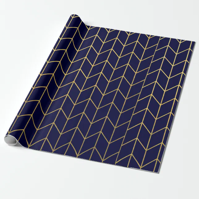 Yellow Gold Chevron Navy Blue Modern Chic Wrapping Paper | Zazzle