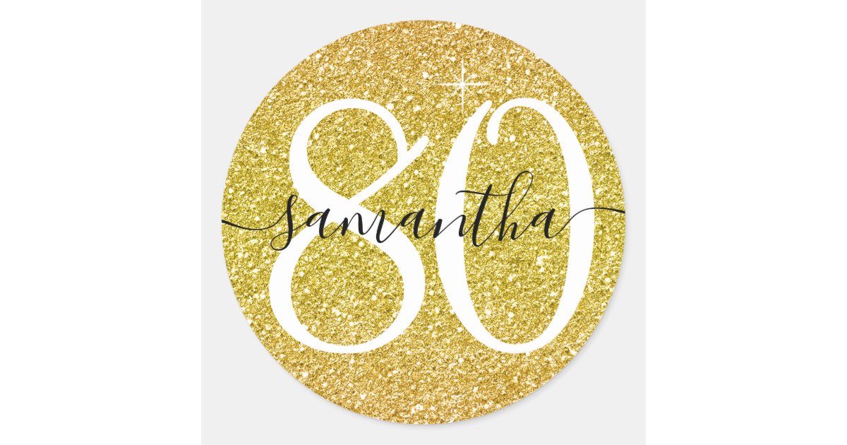 Yellow Gold Faux Glitter Personalized 80 Classic Round Sticker | Zazzle