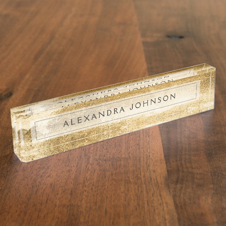 Yellow Gold Foil Luxury Brush Strokes Desk Name Plate | Zazzle