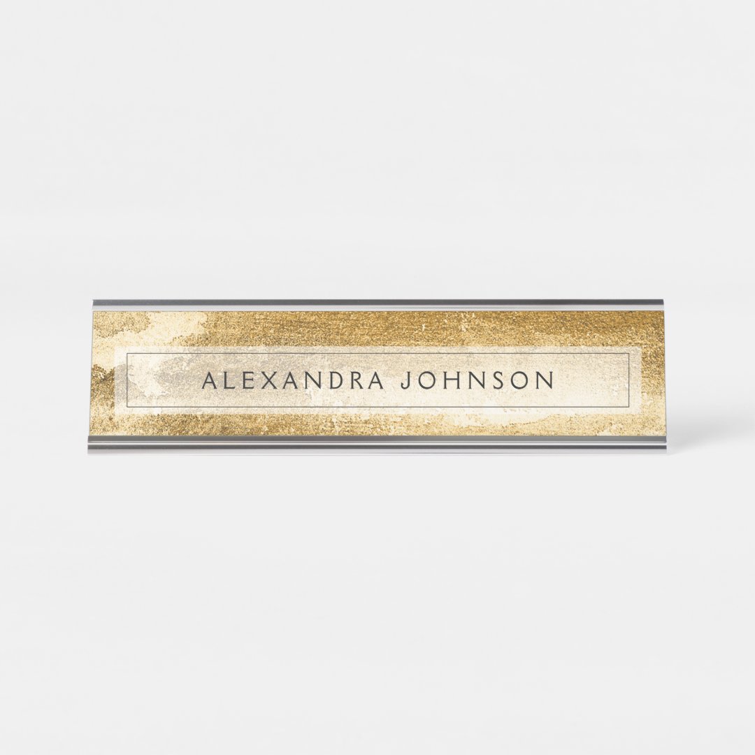 Yellow Gold Foil Luxury Brush Strokes Desk Name Plate | Zazzle