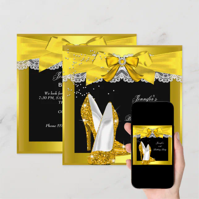 Yellow Gold Glitter High Heel Shoe Birthday Party Invitation | Zazzle