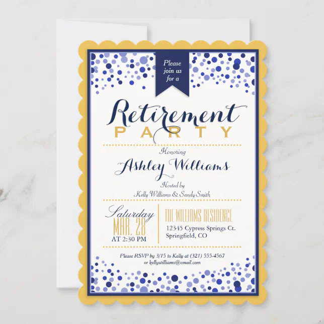 Yellow Gold, White, Navy Blue Retirement Party Invitation | Zazzle