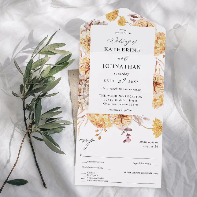 Yellow Golden Floral Wedding All In One Invitation | Zazzle